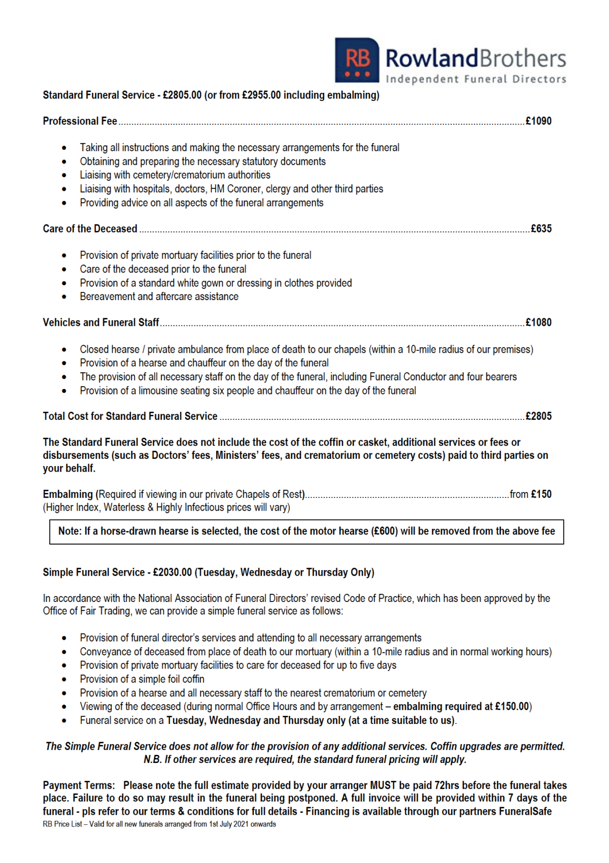 Funeral Costs - Rowland Brothers